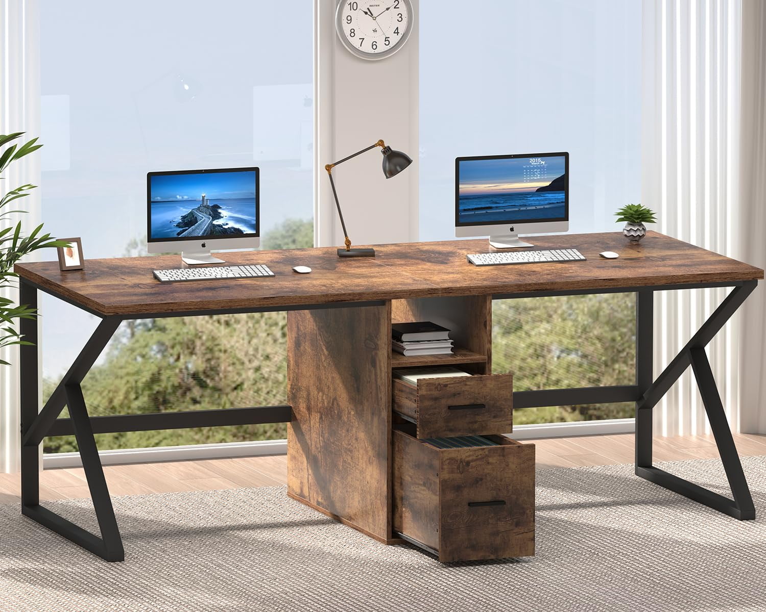 79 Inch Double Office Desk for Two People, Large Workstation with File ...