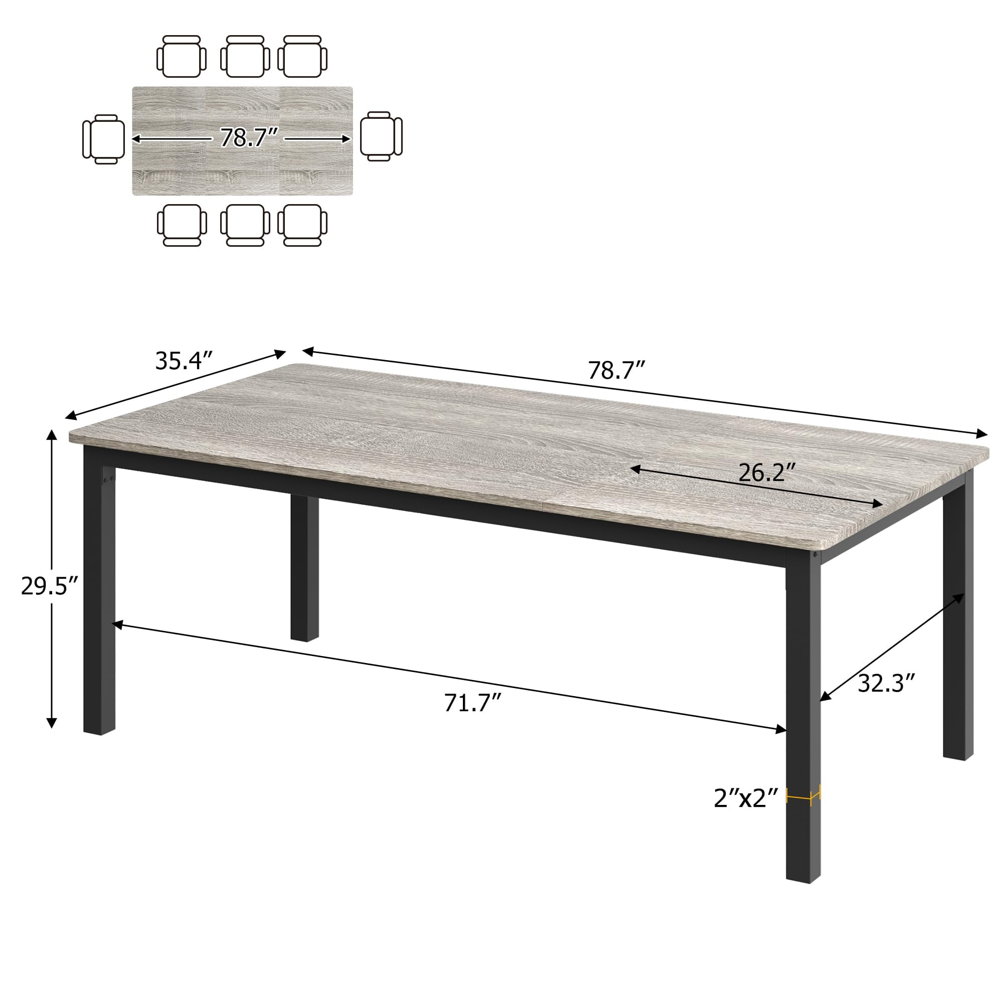 79 Inch Industrial Rectangle Dining Table, Metal Legs Round Corners ...