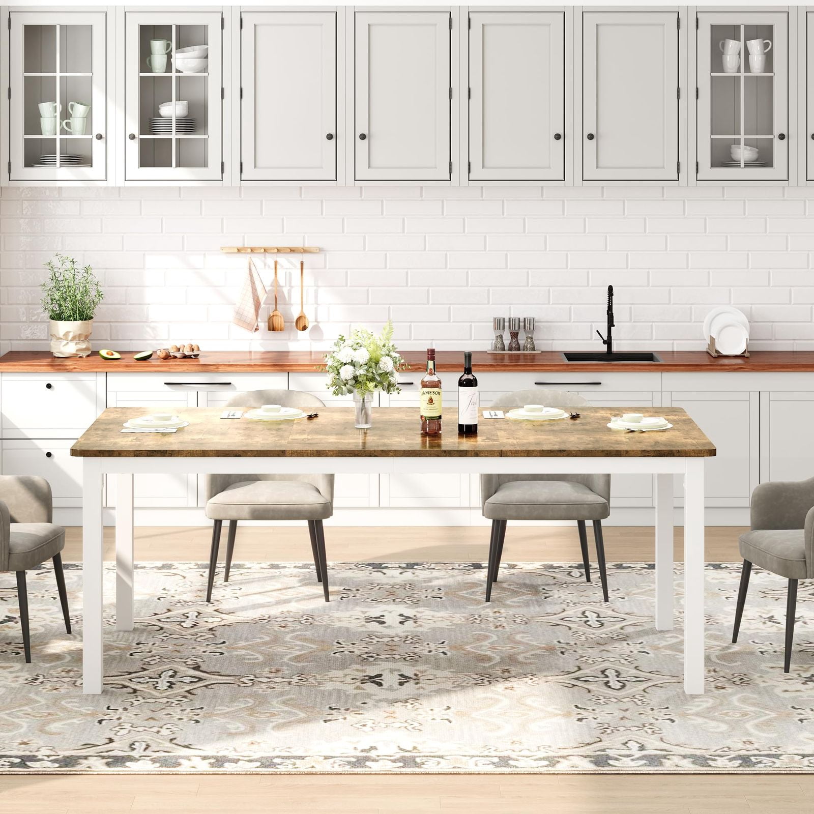 79 Inch Modern Industrial Dining Table, Large White Faux Marble Top ...