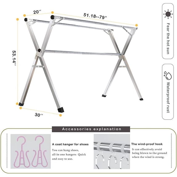 79 Inch Stainless Steel Clothes Drying Rack Foldable Free Standing ...