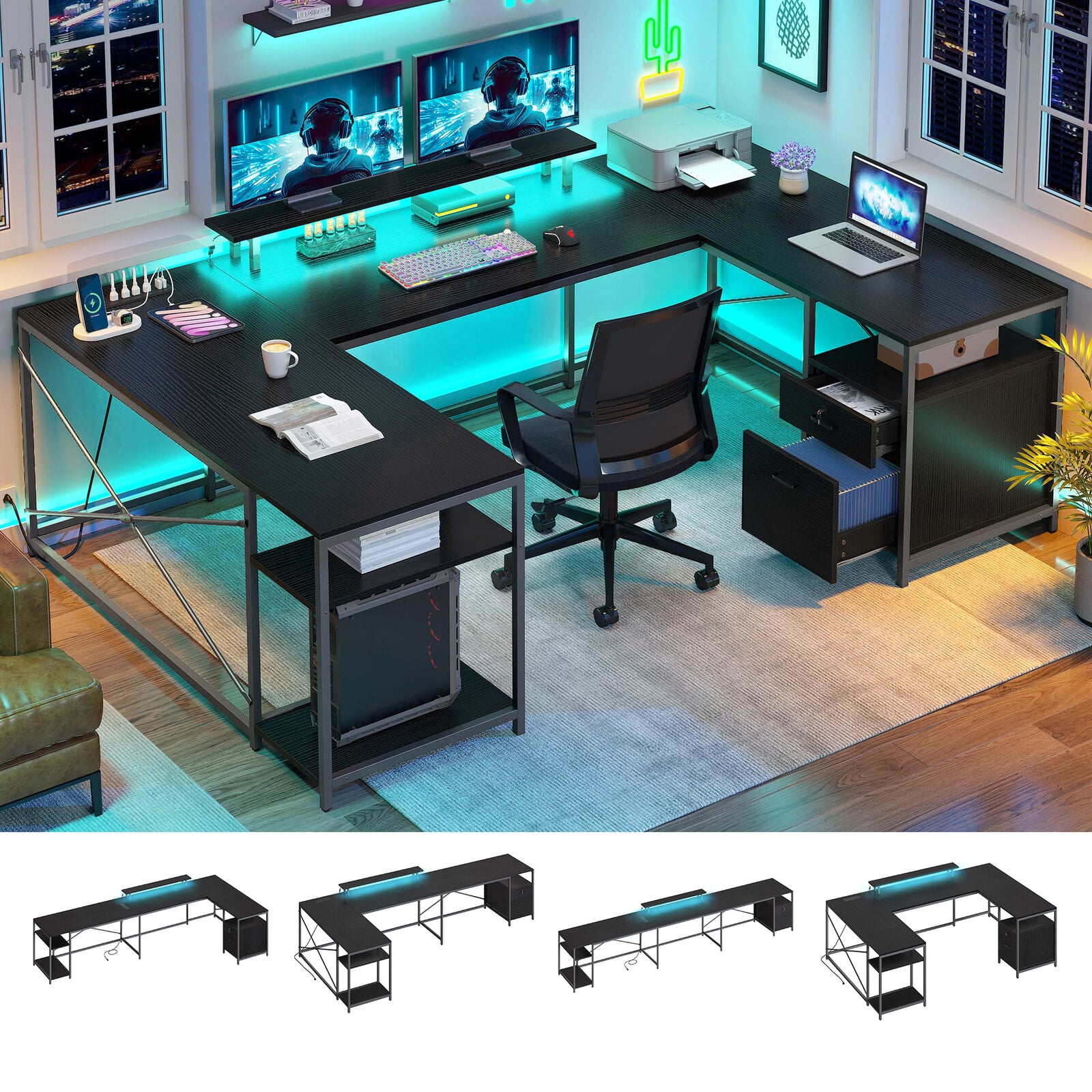 79" LED U-Shaped Gaming Desk W/ Power Outlets L Shaped Desk Corner ...