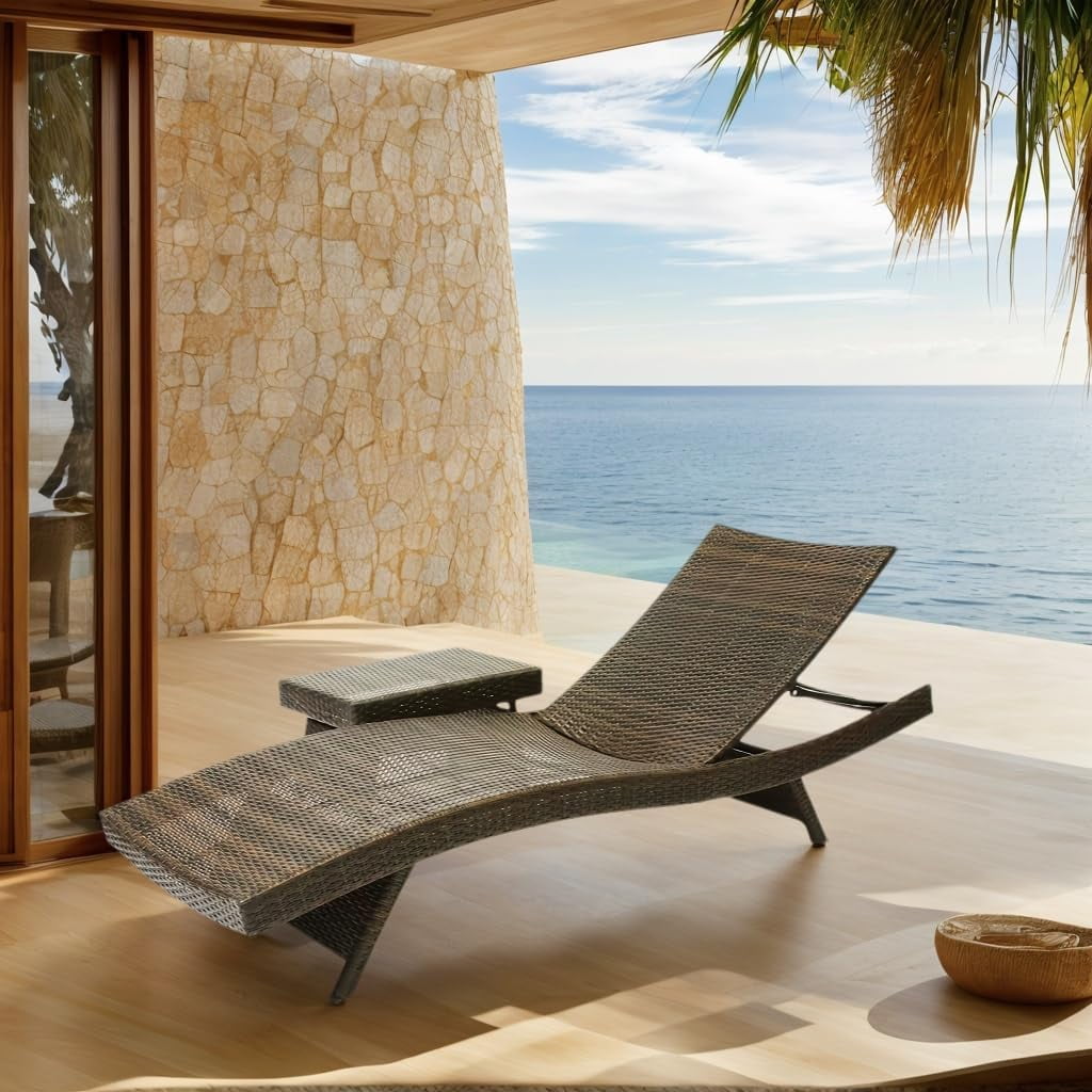 79'' Long Reclining Chaise Lounge + Side Table Set of 2, Outdoor Wicker ...