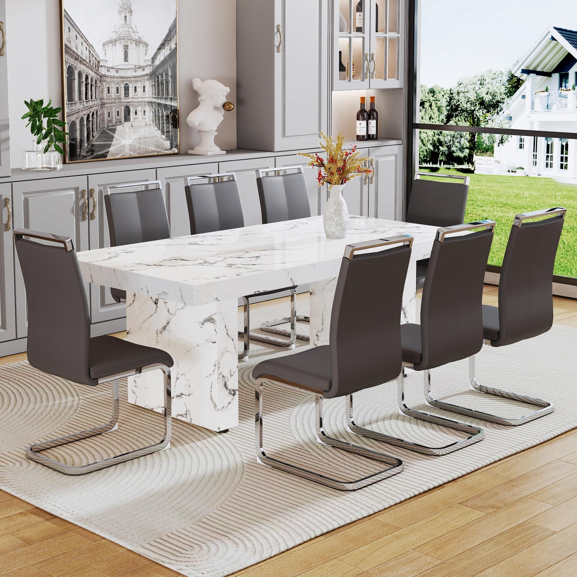 79" Modern Marble Dining Room Table Sets for 8,9 Piece Kitchen Dining ...