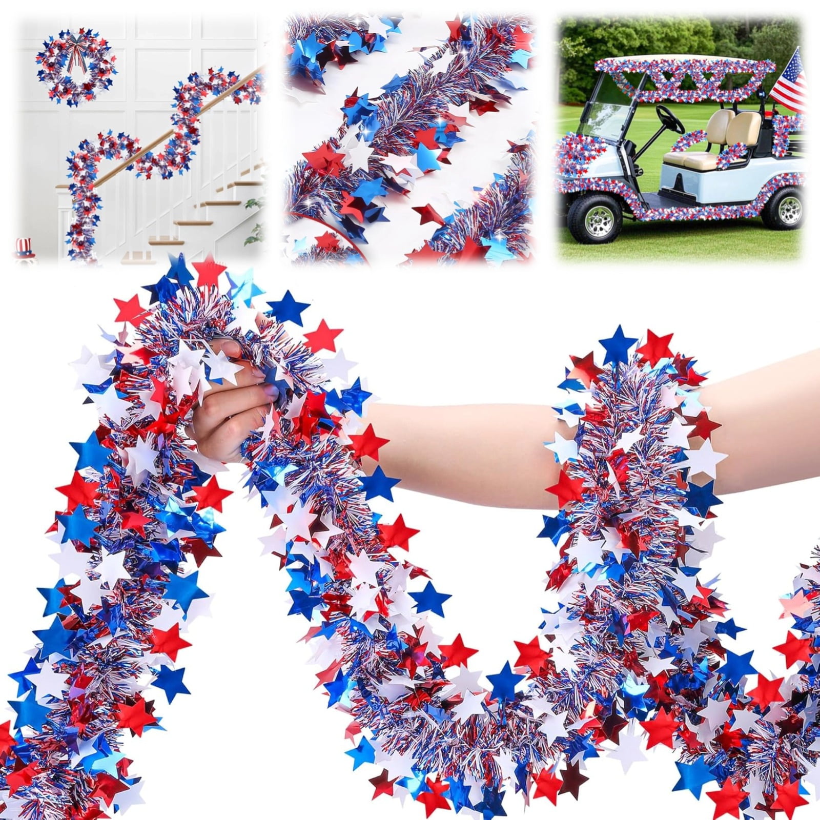 79" Patriotic Glitter Tinsel Garland - Red White Blue Metallic ...