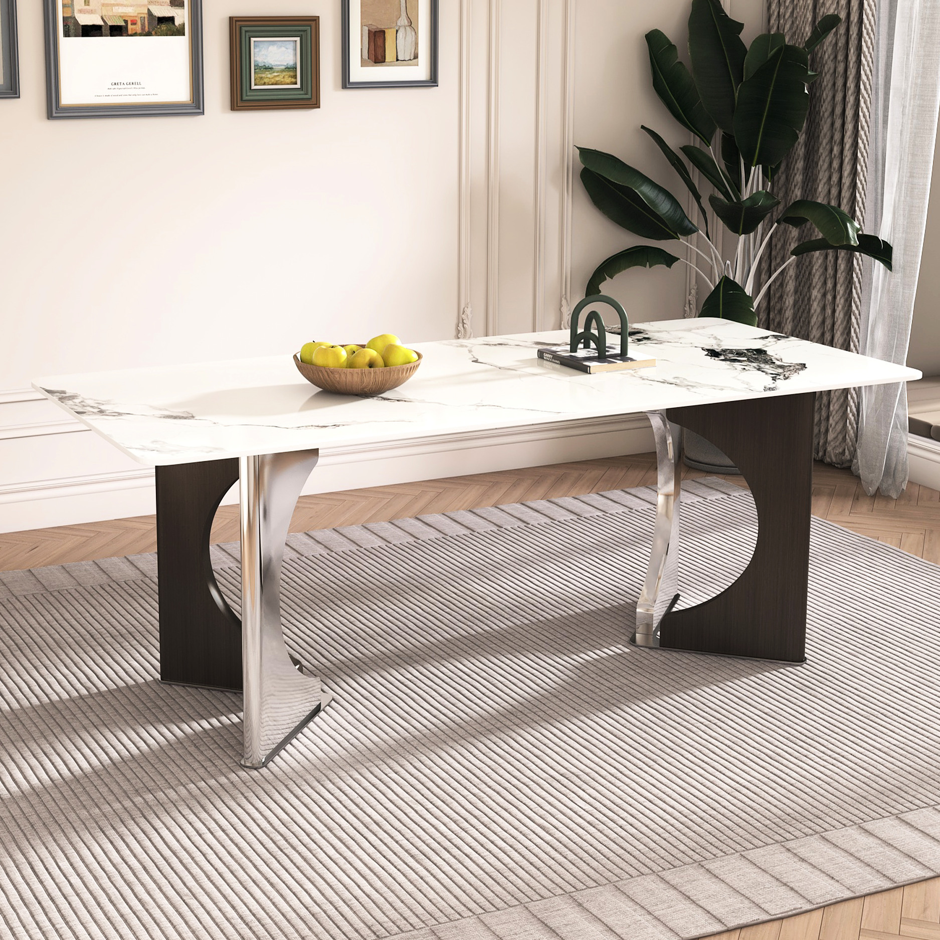 79" Rectangular Marble Dining Table For 6-8, Stainless Steel Base Long ...