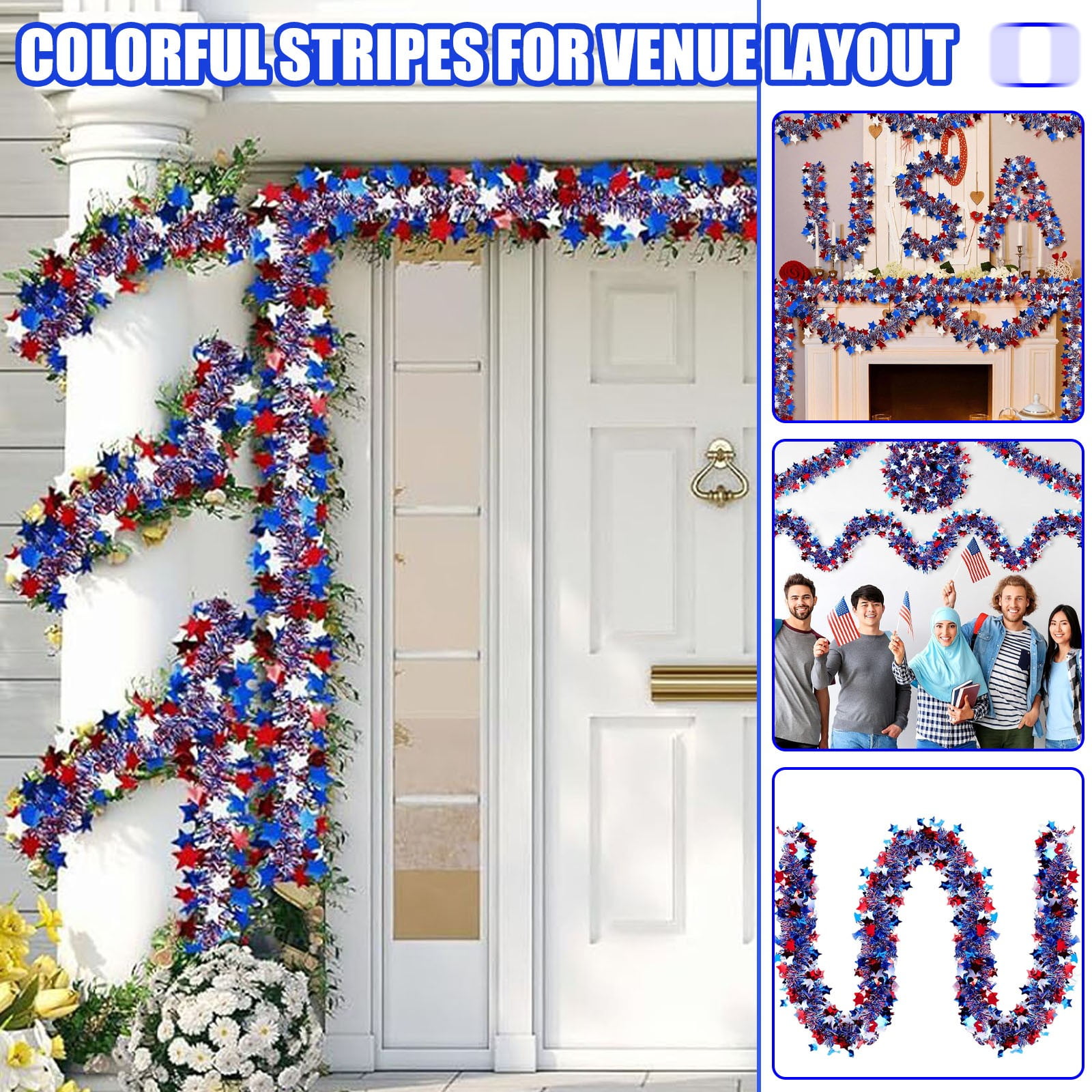 79 in Red White Blue Patriotic Tinsel Garland with American Flags ...
