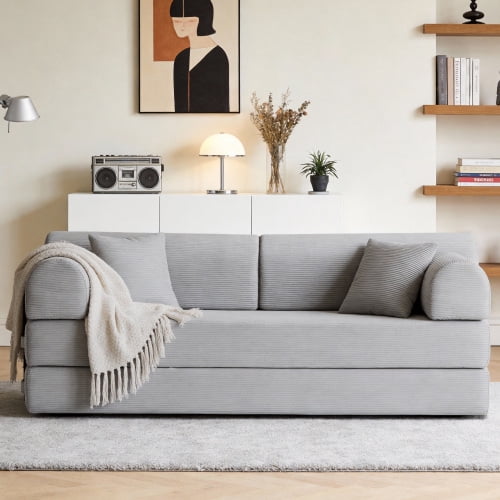 79" Retro Corduroy Deep Seat Sofa Bed, Compressed Pull-Out Sofa Bed ...