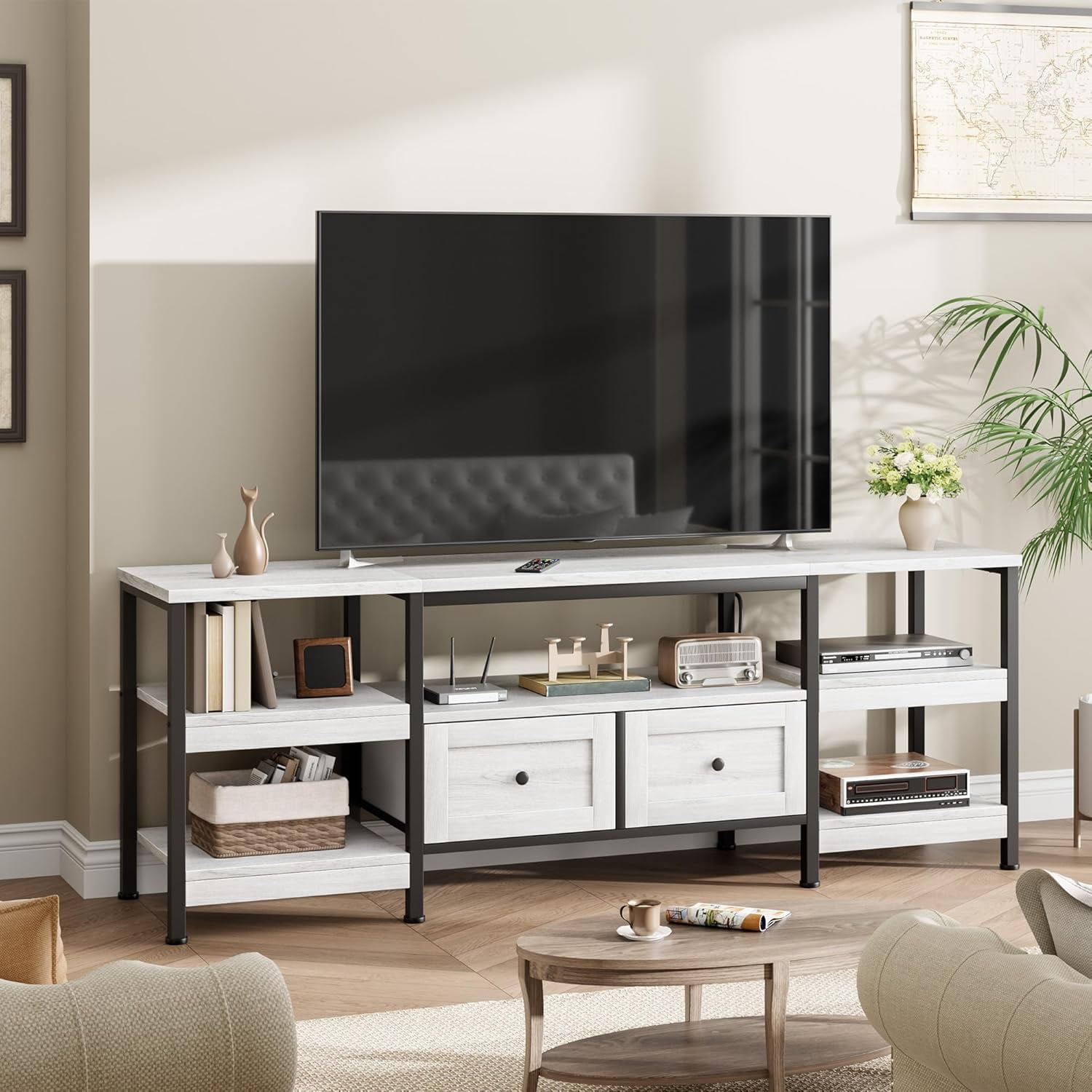 79" TV Stand for TVs Up to 85",Industrial Media Console with 2 Drawers ...