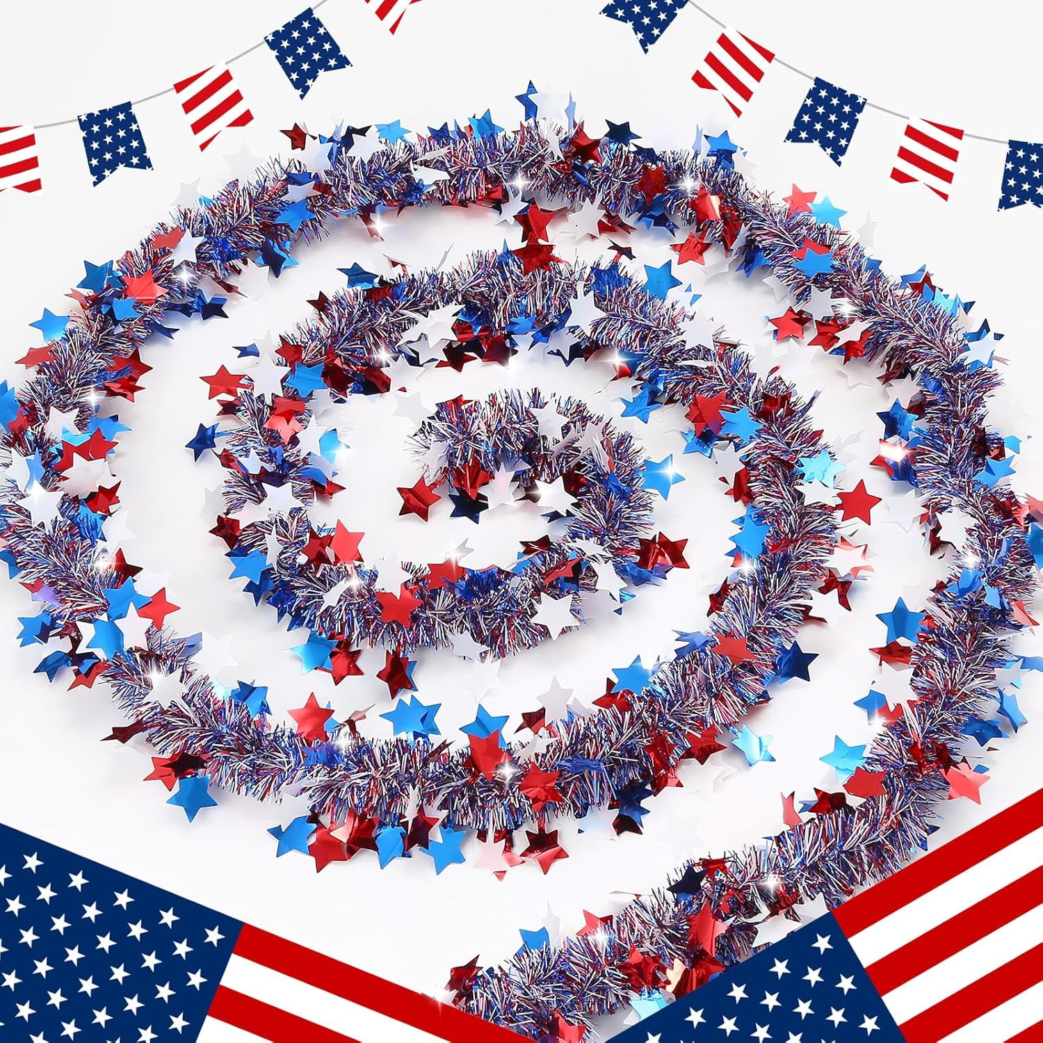 79 in USA Patriotic Glitter Tinsel Garland Decoration, Red White Blue ...