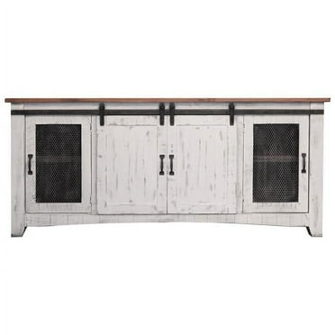 70 in. Blue & White Solid Wood Open Shelving Distressed TV Stand ...
