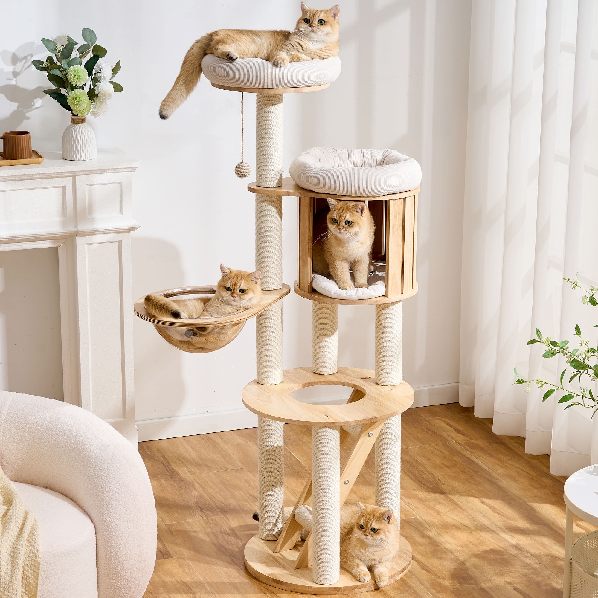 797Audio Solid Wood Cat Tree, 61" Large Modern Tall Cat Tower with ...
