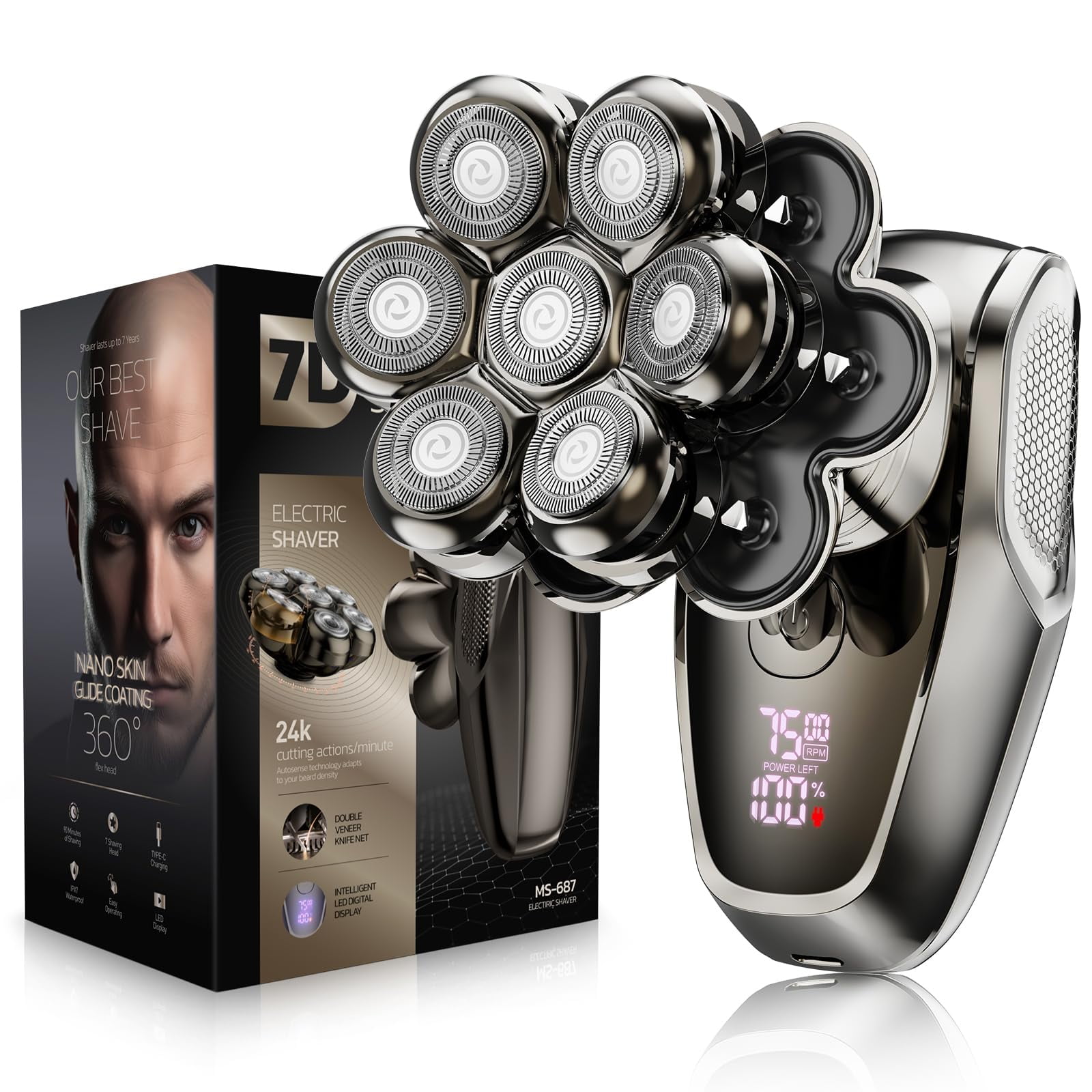 7D Head Shavers for Bald Men, Detachable Head Shaver LED Display Dry ...
