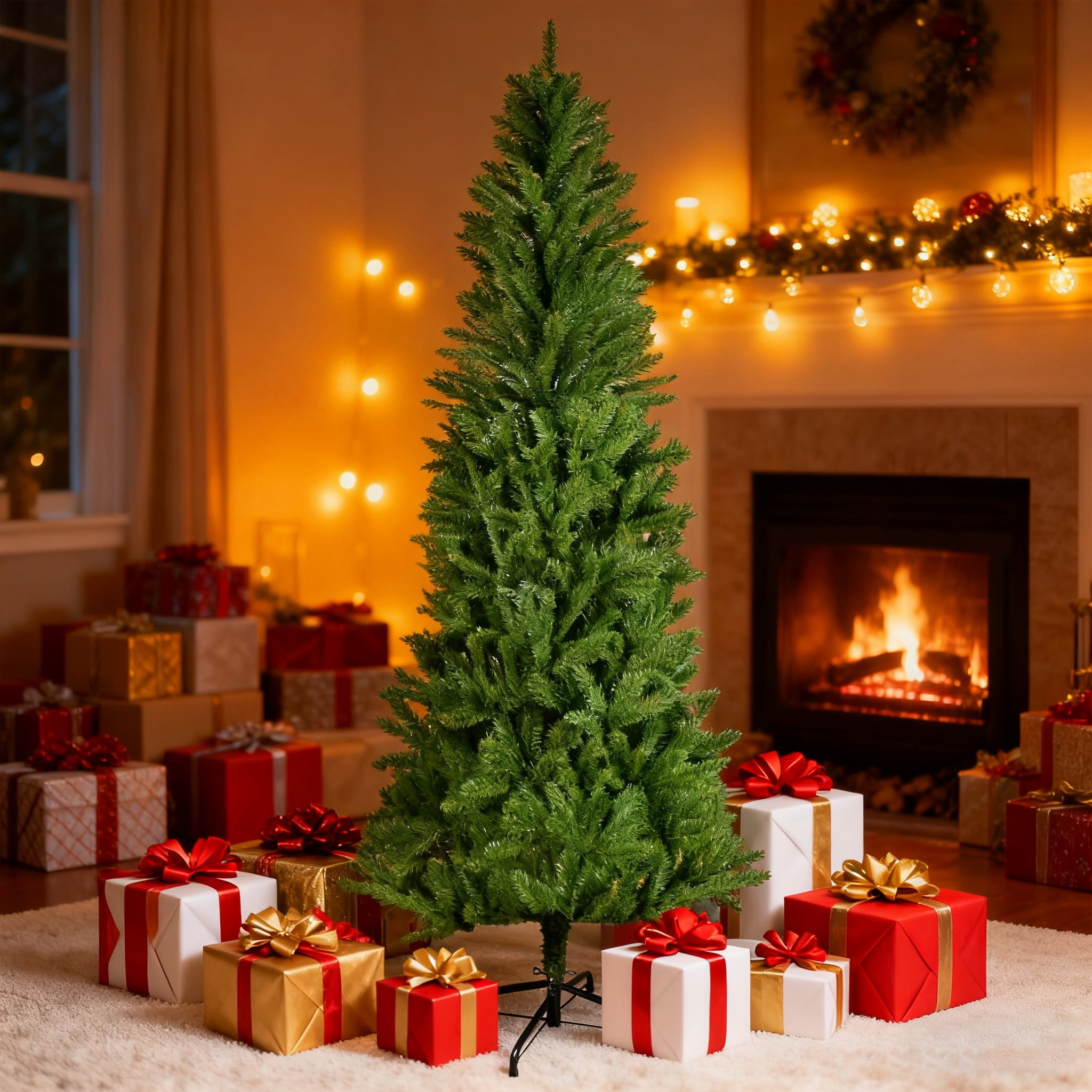 7FT Artificial Xmas Slim Tree with Thick 556 Branches, Pencil Christmas ...