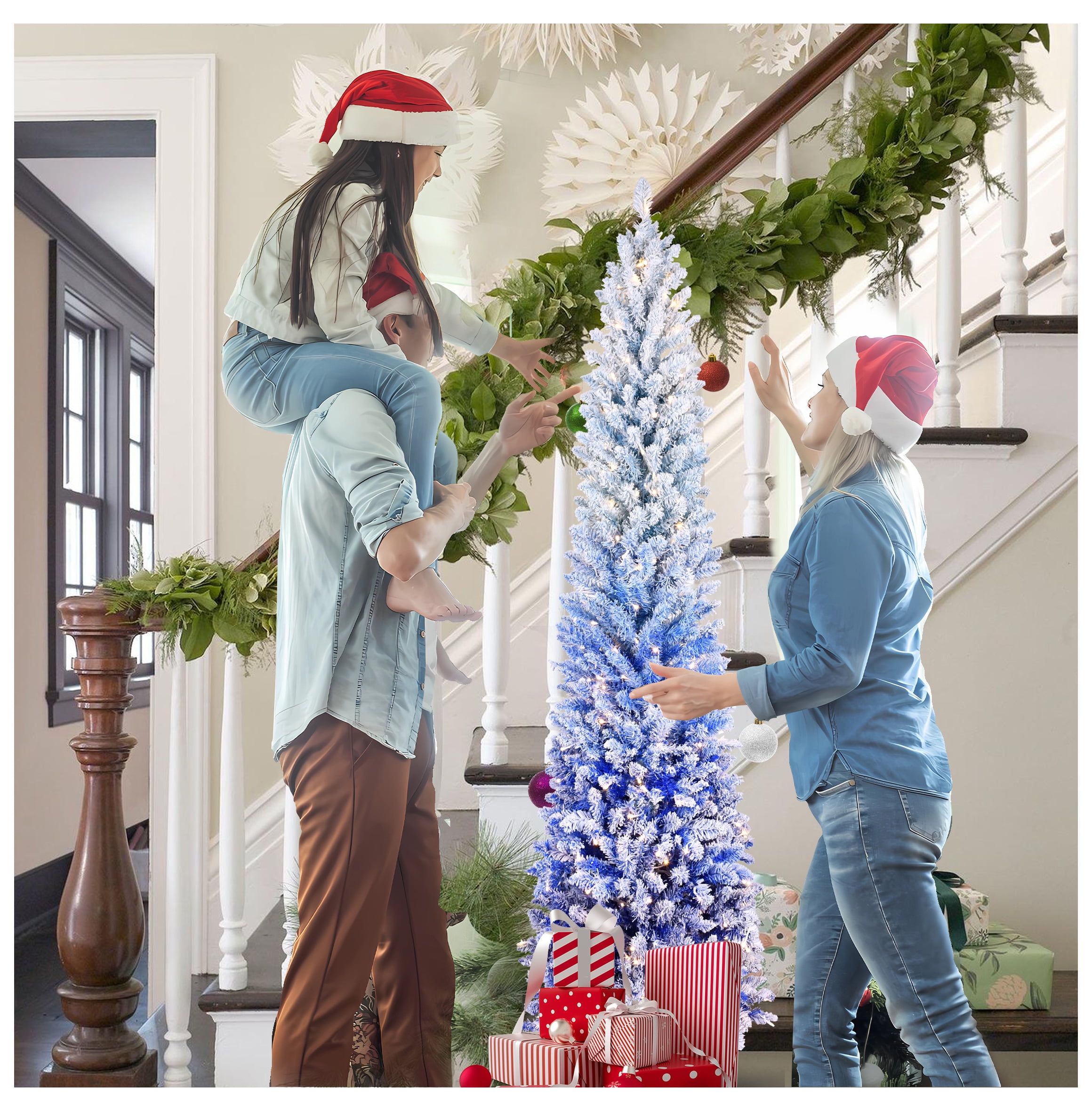 7FT Blue Gradient Flocked Pencil Christmas Tree with 300 Warm White LED ...