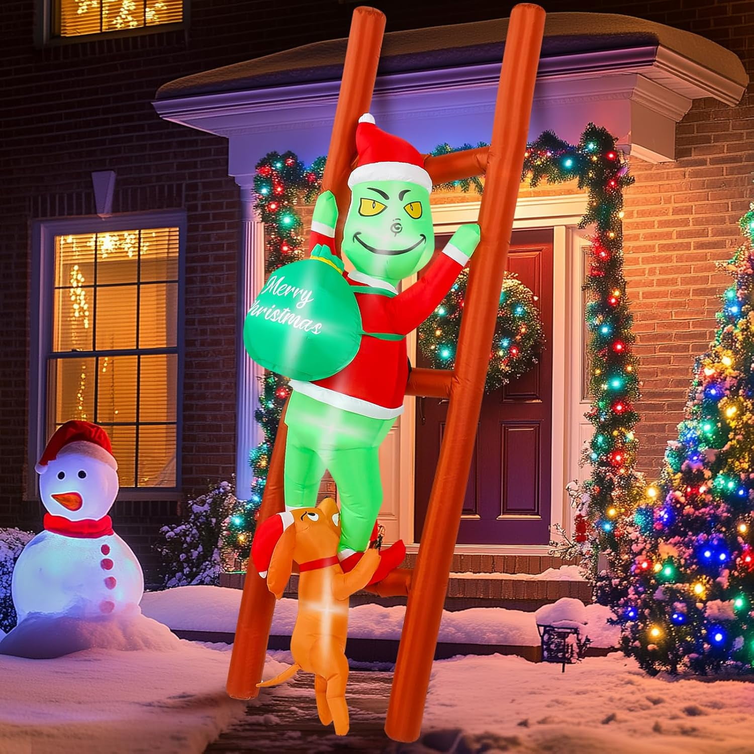 7FT Christmas Inflatable, Green Monster and Dog Climbing Ladder Scene ...