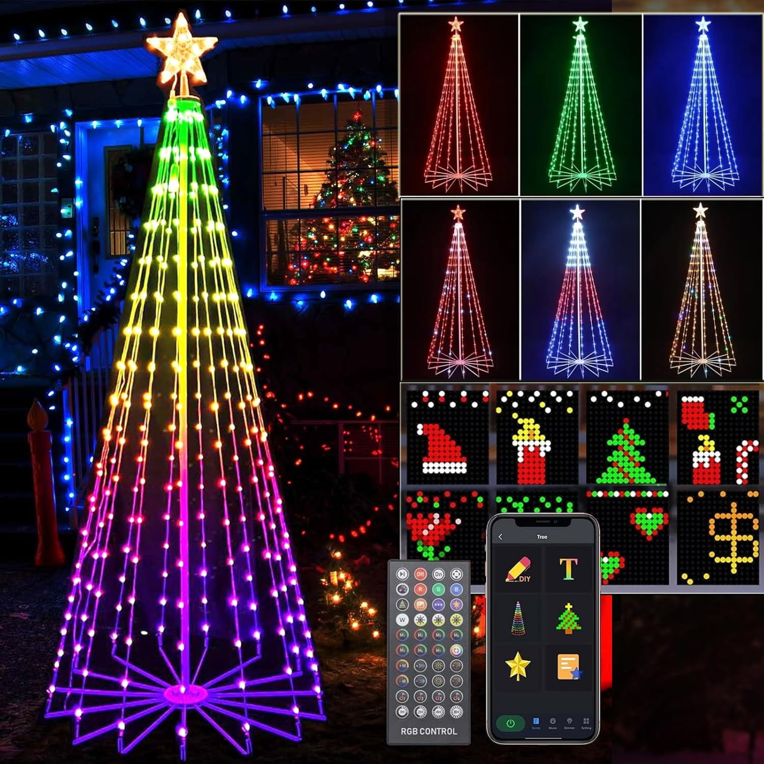 7FT Christmas Tree Lights - 295 LEDs Prelit Outdoor Christmas Tree with ...