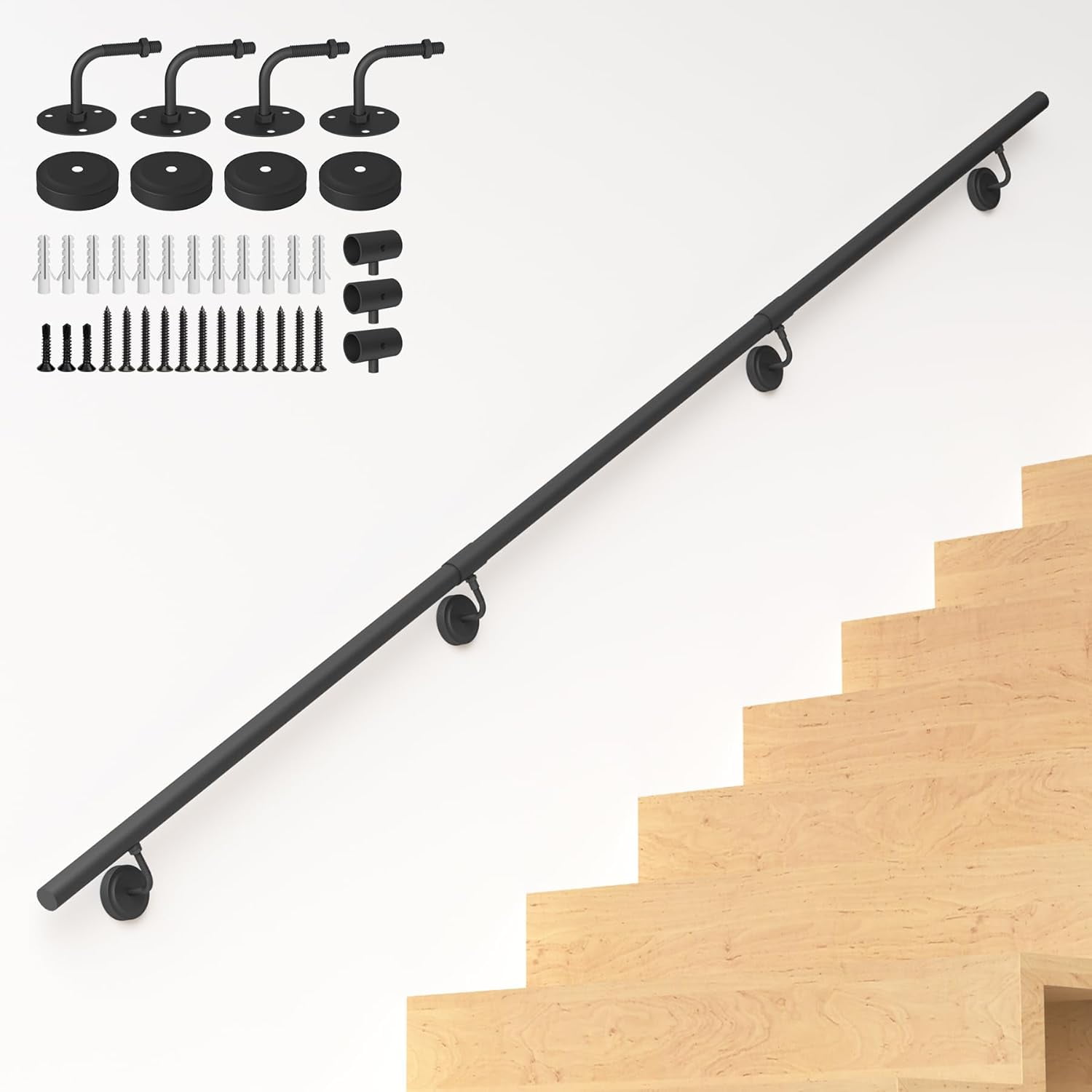 7FT Industrial Metal Stair Handrail,Round Pipe Stair Railing for Indoor ...