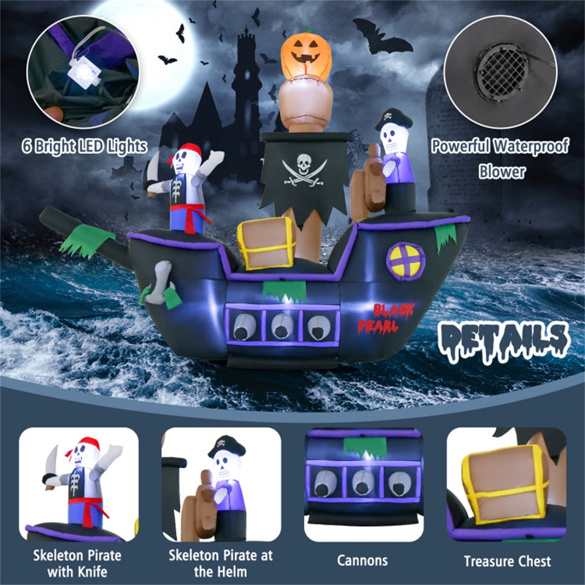 7FT Inflatable Halloween Pirate Boat with LED Light & Easy-to-Use ...