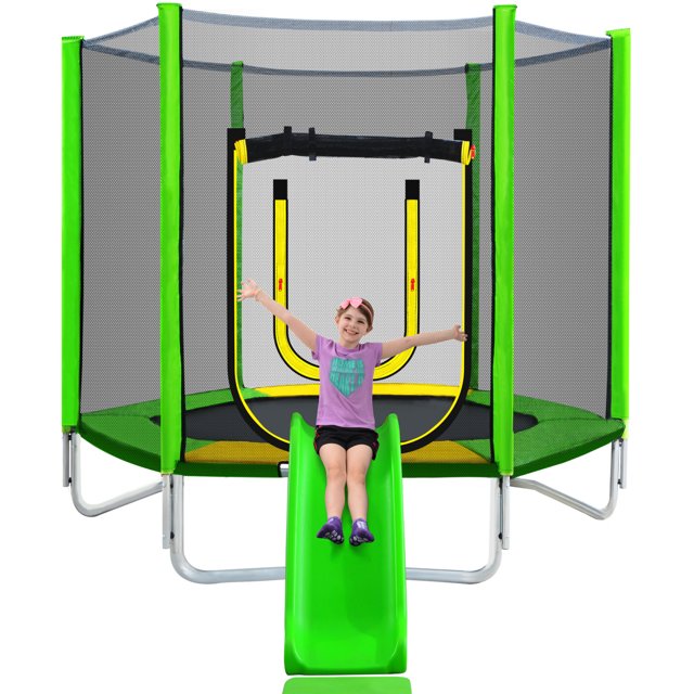 7FT Kids Trampoline with Safety Enclosure, Slide & Ladder, Outdoor Set ...