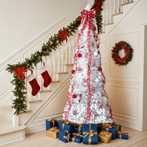 7FT Pop-Up Fully Decorated White Christmas Tree, 170 Warm White LED 8 ...