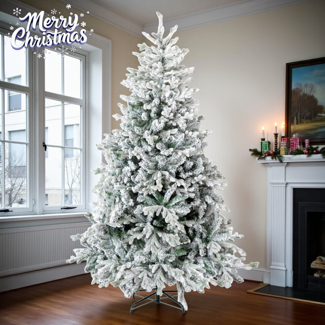 7FT Pre-Lit Artificial Christmas Tree, Snow Flocked Green Artificial ...