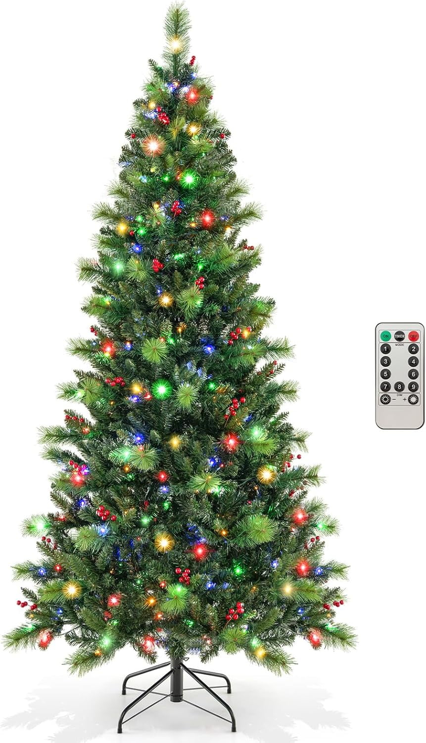 7FT Pre-Lit Christmas Tree, Hinged Artificial Xmas Tree with Pine ...