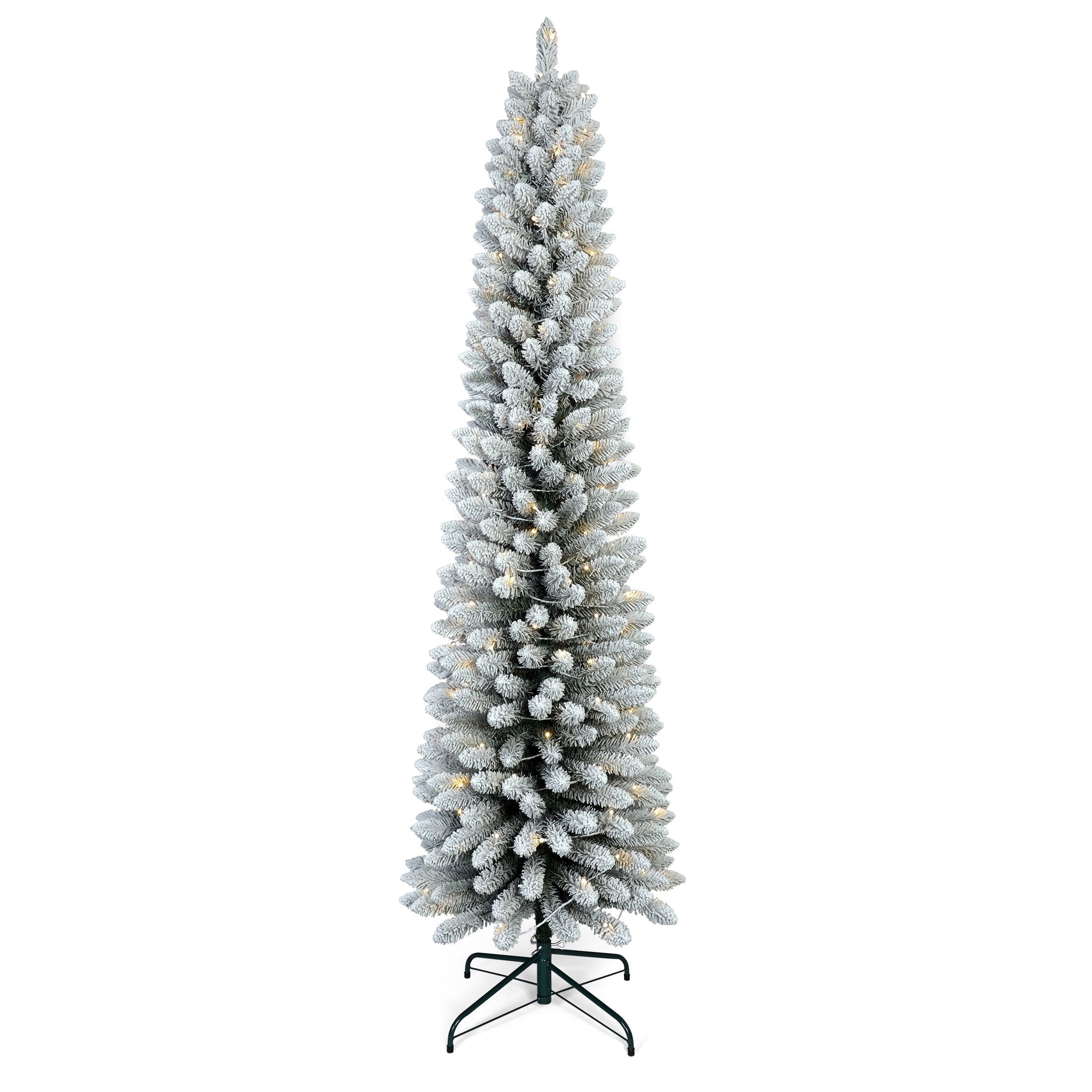 7FT Pre-Lit Flocked Pencil Christmas Tree, Bringstar Artificial Slim ...