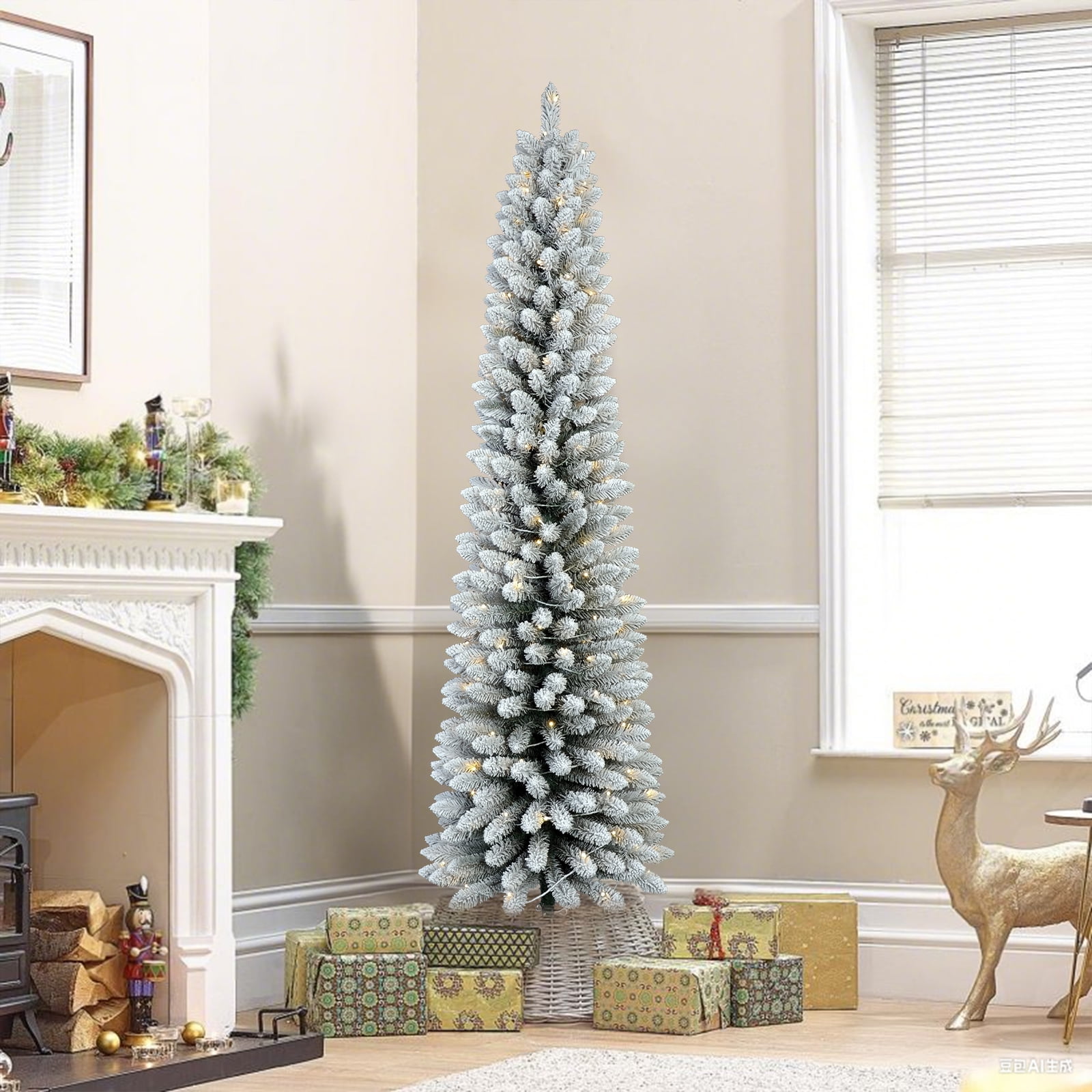 Bringstar 7FT Pre-Lit Flocked Pencil Christmas Tree, Slim Artificial ...