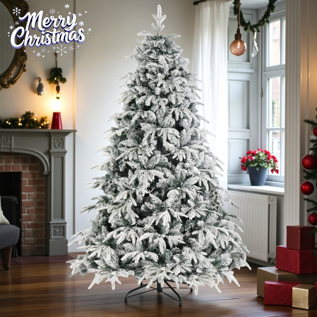 7FT Pre-Lit Snow Flocked Full Christmas Tree, 450 Warm LED Lights, 8 ...