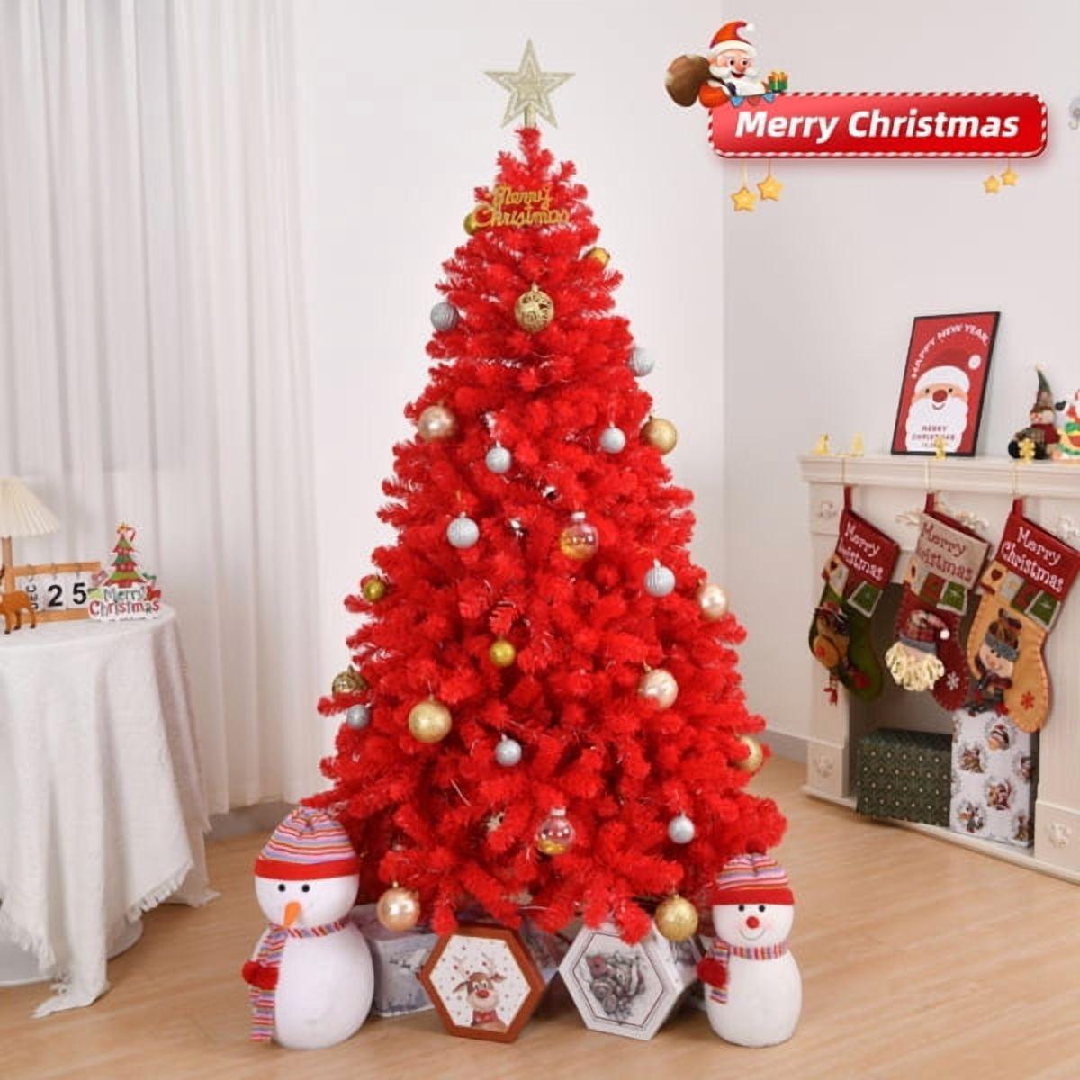 7FT Red Christmas Tree - 1100 PVC Branch Tips, Sturdy Iron Stand, Flame ...