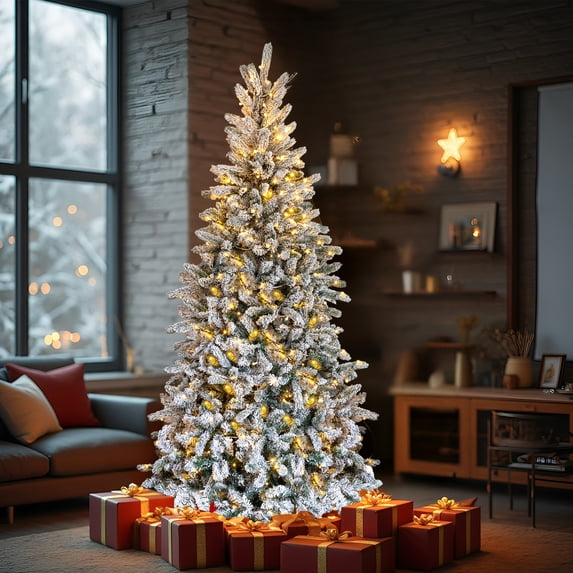 7FT Snow Flocked Pencil Christmas Tree, 1100 Tips 400 LED Warm White 8 ...