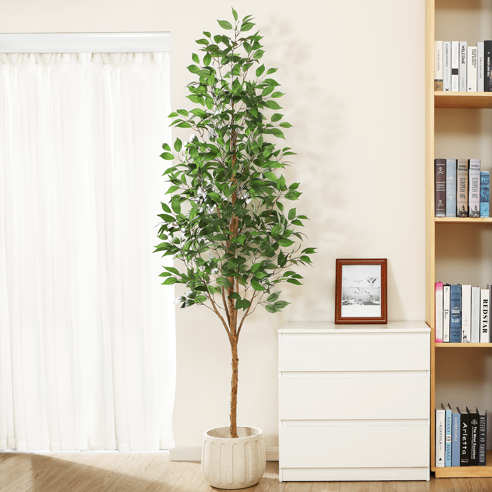 Large 7FT Faux Ficus Tree with Natural Wood Trunk and Lifelike Leaves ...