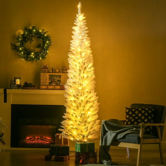 7FT White Slim Pencil Artificial Christmas Tree, 499 Tips 200 Warm ...