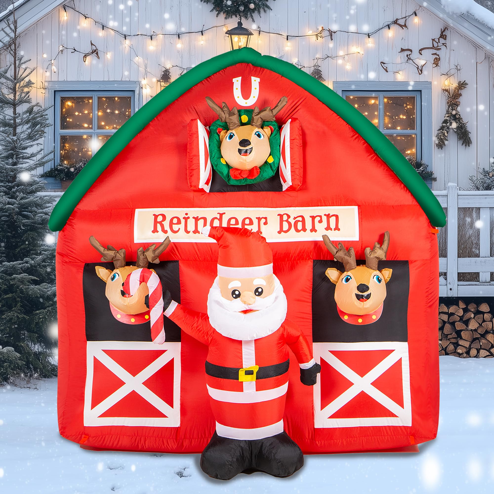 7Ft Giant Christmas Inflatables Reindeer Barn Outdoor Decoration, Santa ...