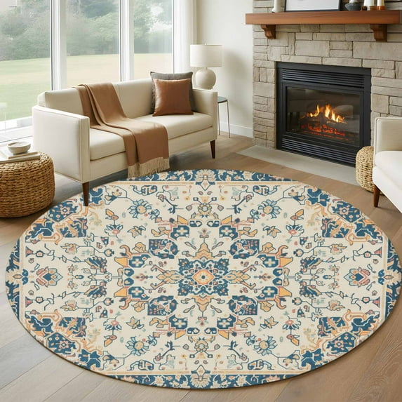 7Ft Round Rug, Boho Orange Blue Non-Skid Rubber Backing Large Area Rugs ...