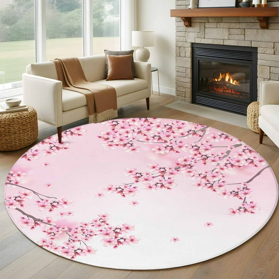 7Ft Round Rug, Cherry Blossom Non-Skid Rubber Backing Large Area Rugs ...
