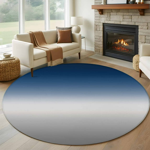 7Ft Round Rug, Navy Blue Gray Ombre Non-Skid Rubber Backing Large Area ...