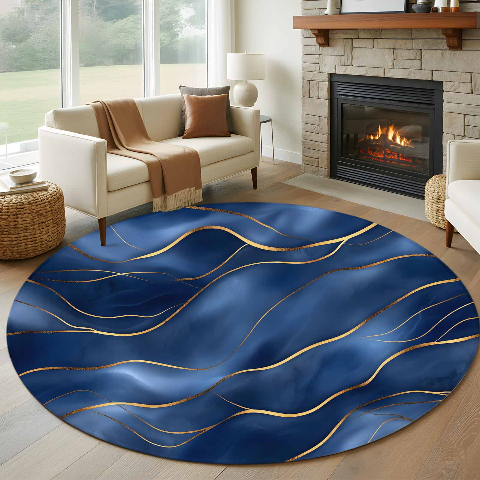7Ft Round Rug, Navy Blue Marble Non-Skid Rubber Backing Large Area Rugs ...