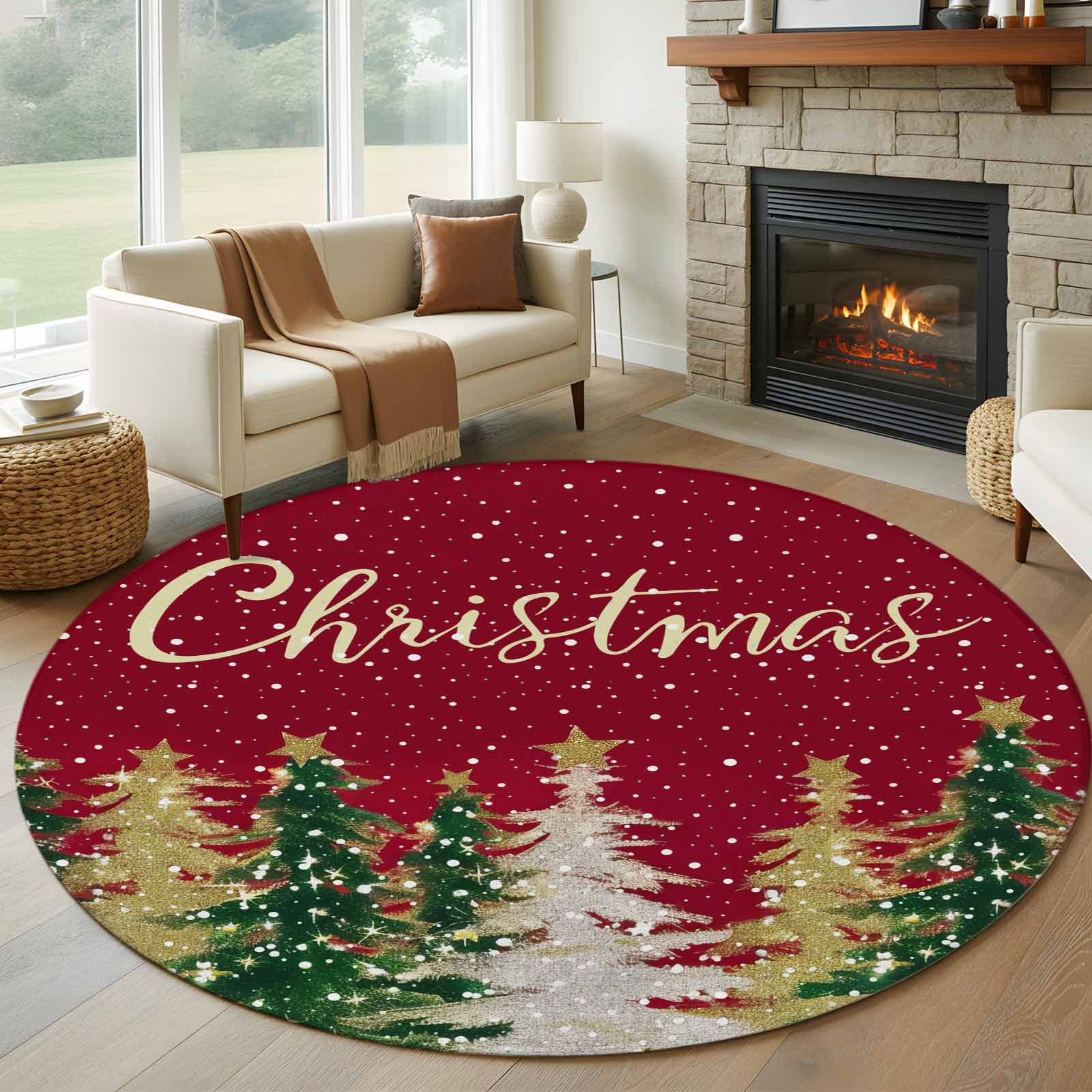 7Ft Round Rug, Red Christmas Tree Non-Skid Rubber Backing Large Area ...