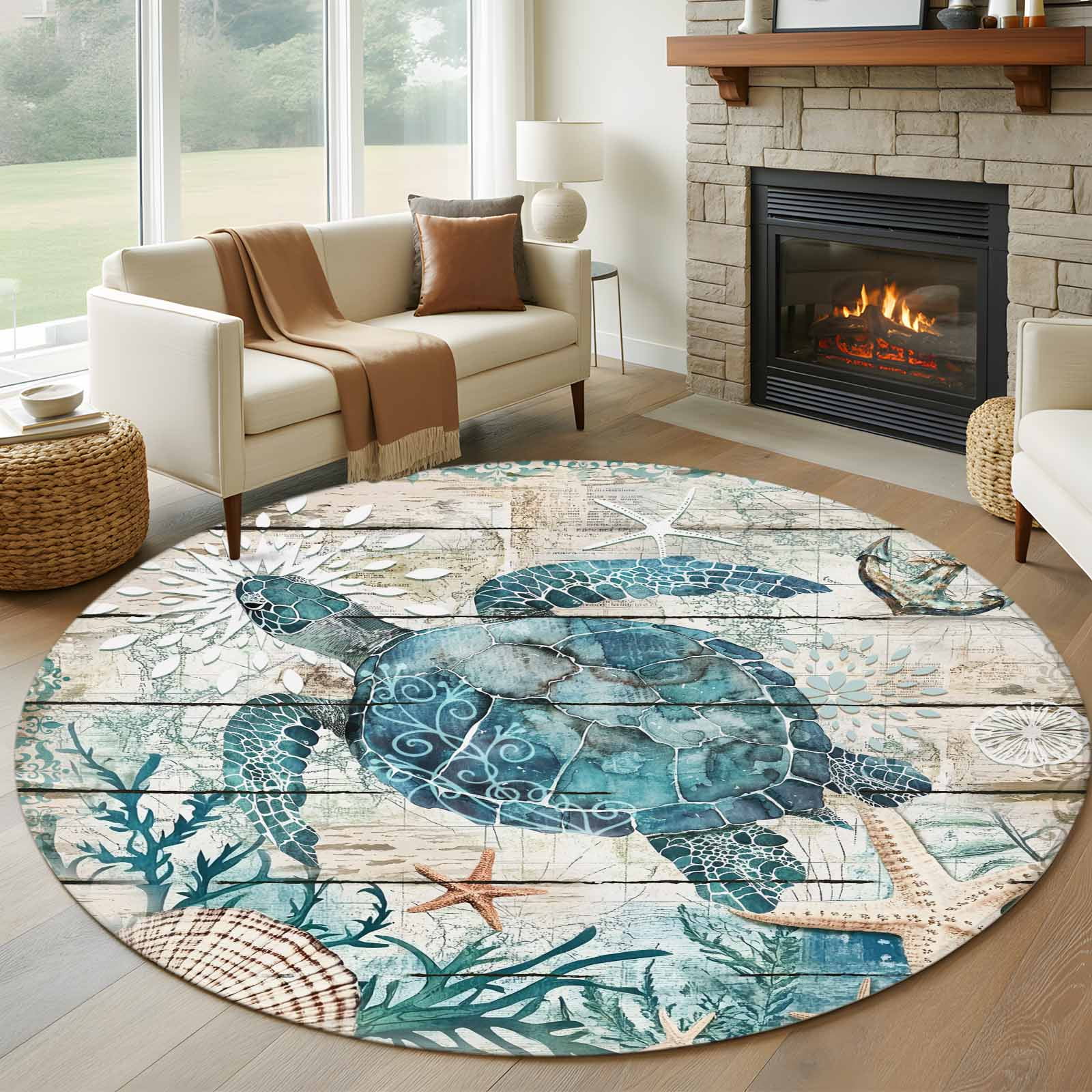 7Ft Round Rug, Teal Sea Turtle Coastal Non-Skid Rubber Backing Large ...