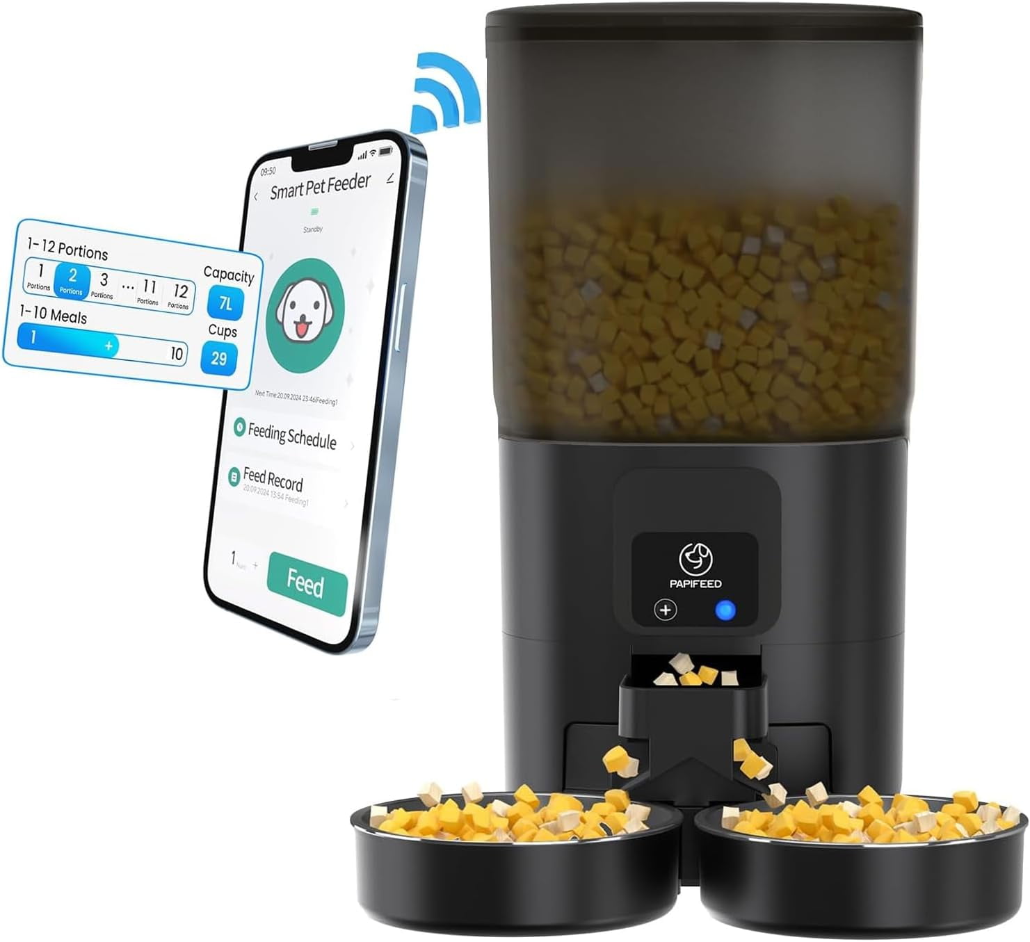7L Automatic Cat Feeders for 2 Cats - 2.4G WiFi Timed Auto Feeder with ...
