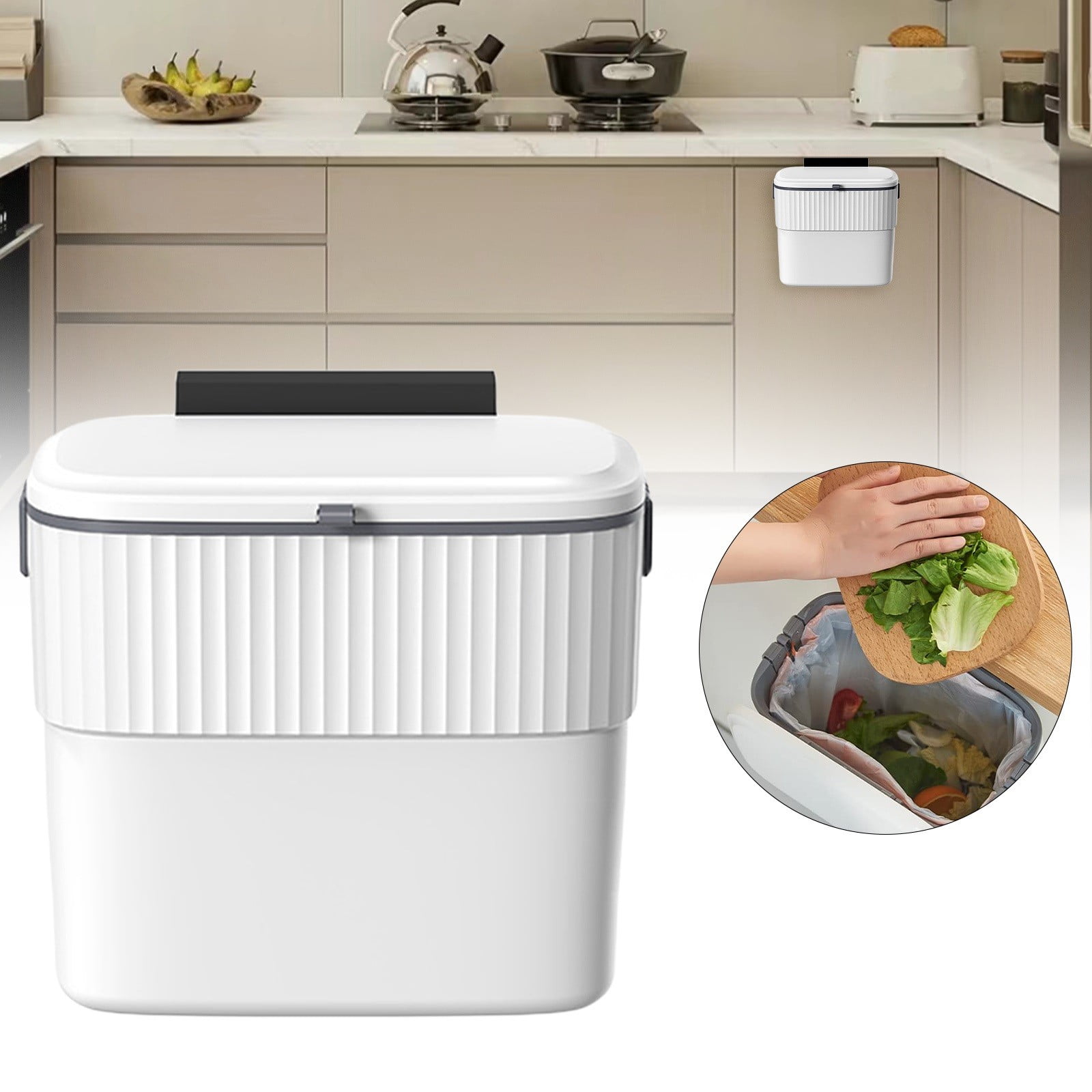 7L Hanging Trash Can with Lid White Plastic Kitchen Trash Can Quick ...