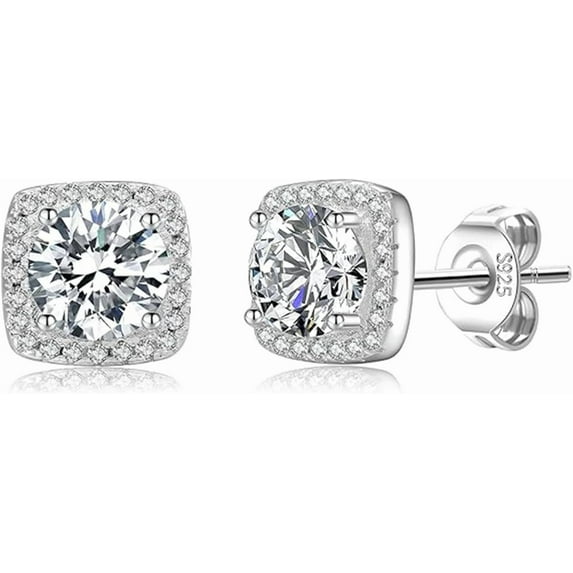 7MM Square Cubic Zirconia Stud Earrings Silver Tone,Minimalist Paved ...