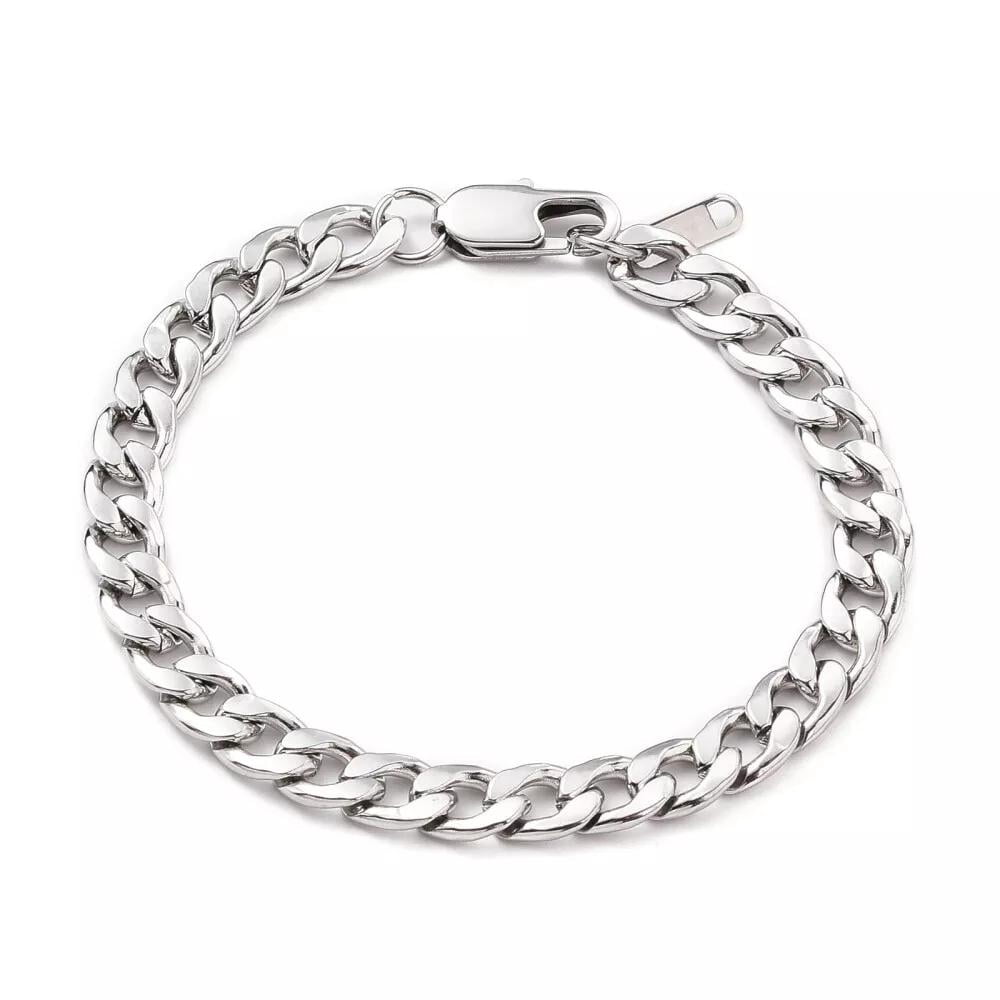 7Mm Silver Stainless Steel Curb Cuban Link Chain Bracelet Unisex Women ...