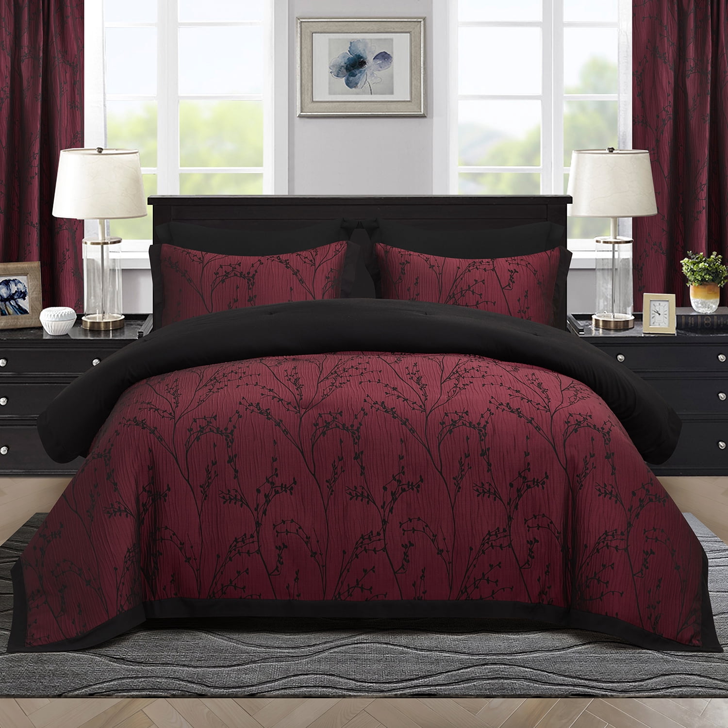 7PC Burgundy Jacquard Patchwork Comforter Set with Matching Curtains ...