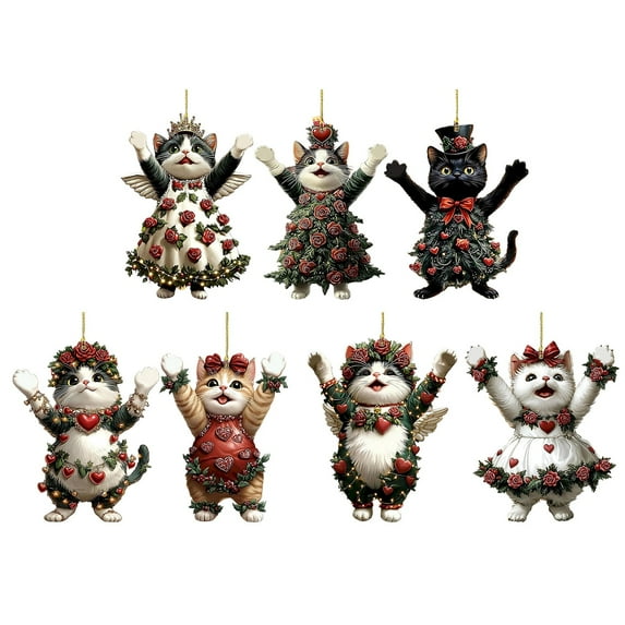 7PC Cat Christmas Tree Ornament - Festive Holiday Acrylic Hanging ...