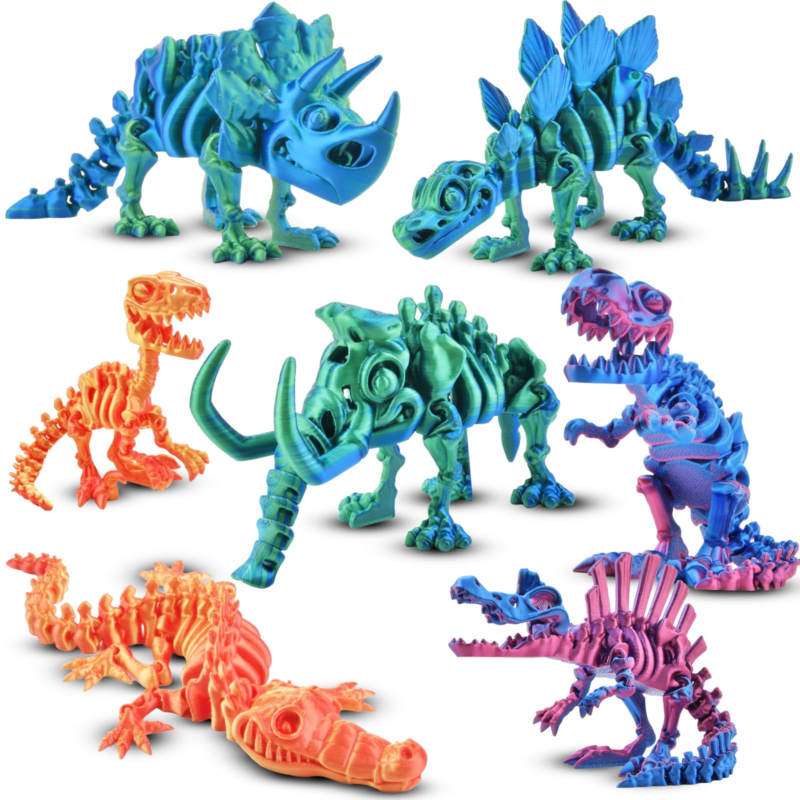 7PCS 3D Printed Dinosaur Animal Figures - Colorful Fidget Stress Relief ...