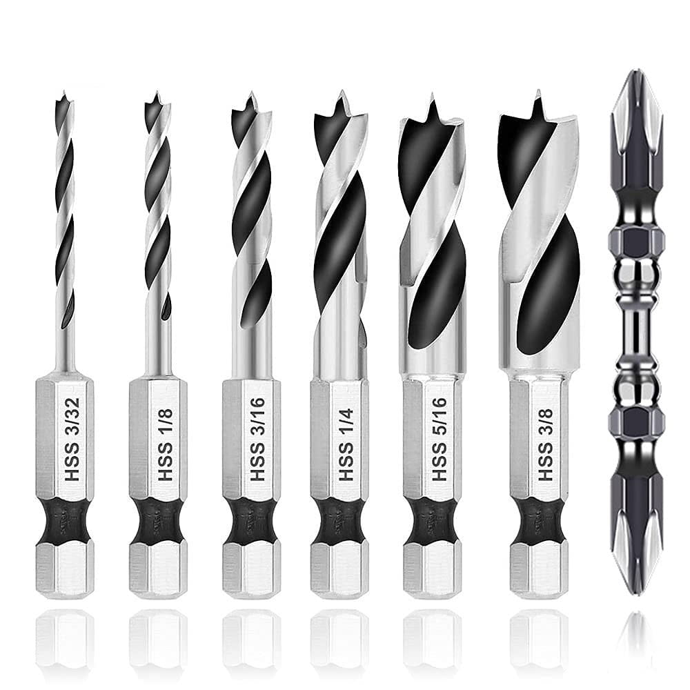 7PCS Brad Point Stubby Drill Bit Set for Wood with Quick Change Hex ...