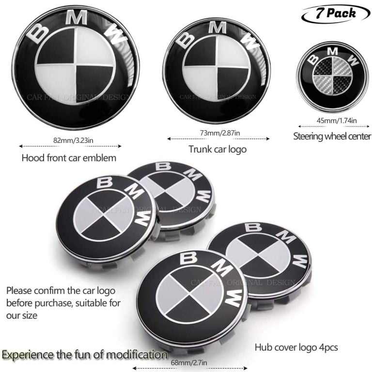 7PCS Compatible for BMW Emblem Set 82mm Hood/74mm Trunk Emblem 68mm Center Caps 45mm Steering ...