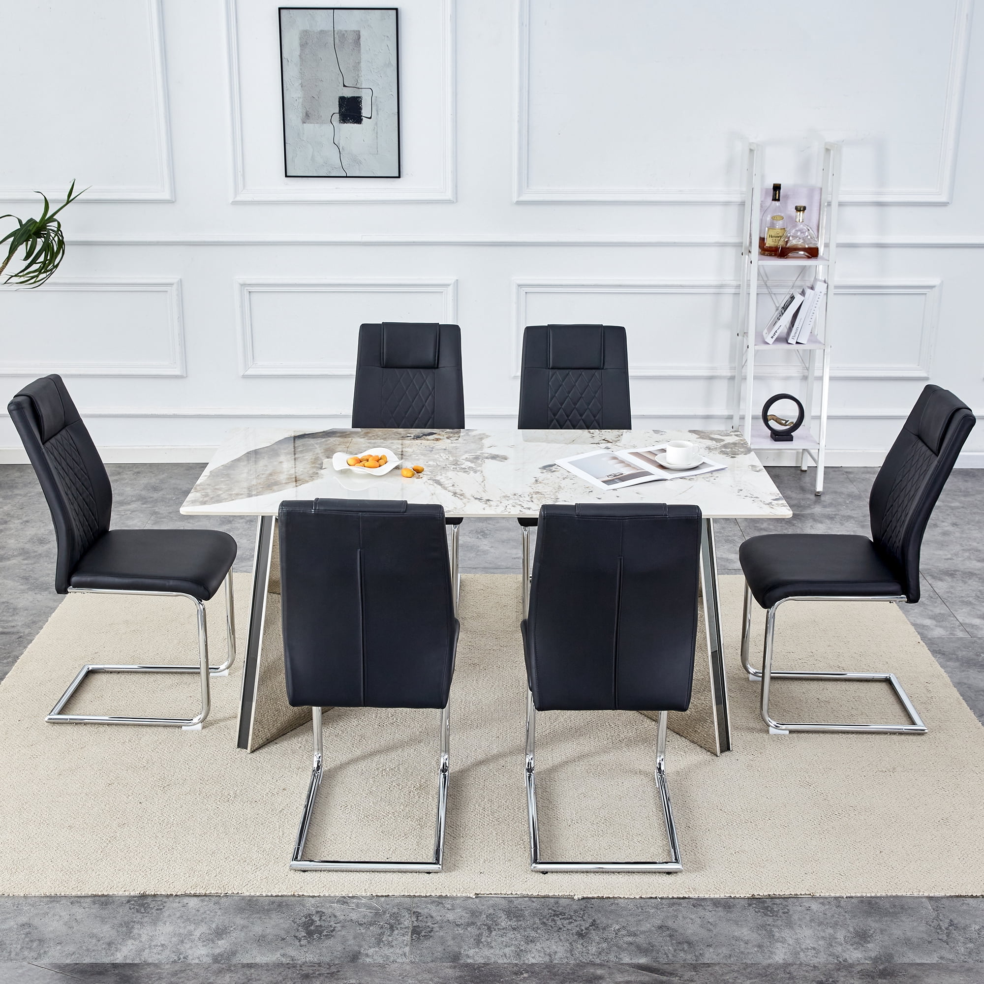 7PCS Dining Set, 6 Chair Set,Luxurious Pandora patterned Sintered Stone ...